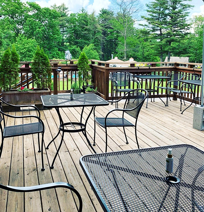 The deck offers nature's soundtrack with your meal&mdash;birds chirping approval of your excellent restaurant choice.