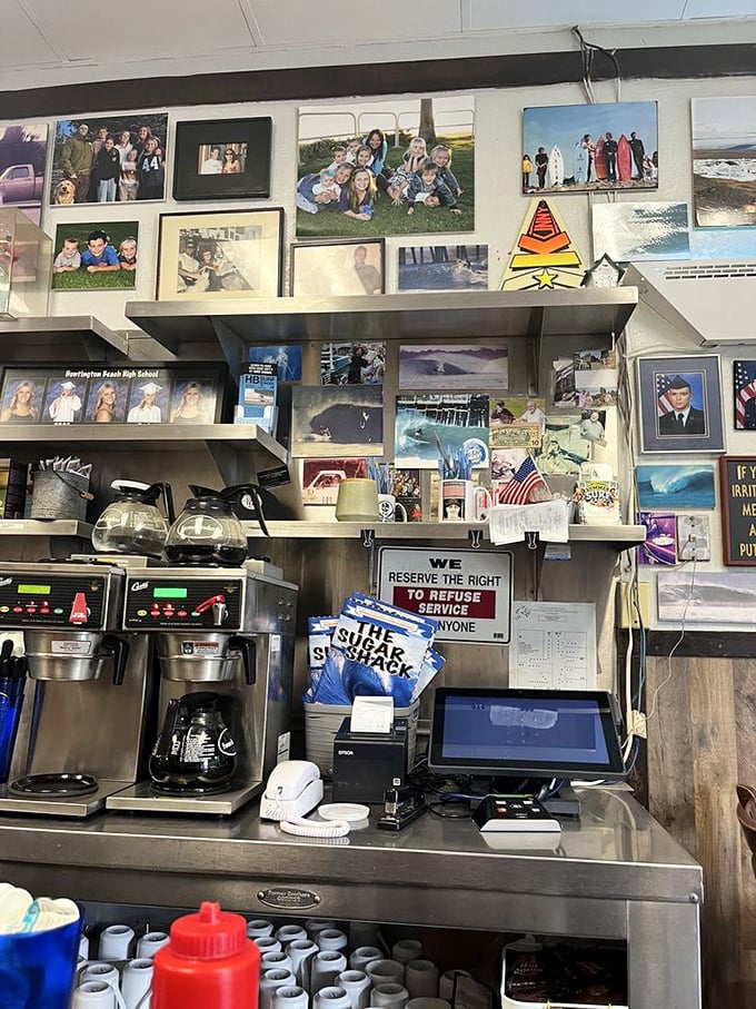 Every photo tells a story of Huntington Beach's surf culture and the cafe's place within it. A living museum of local memories.