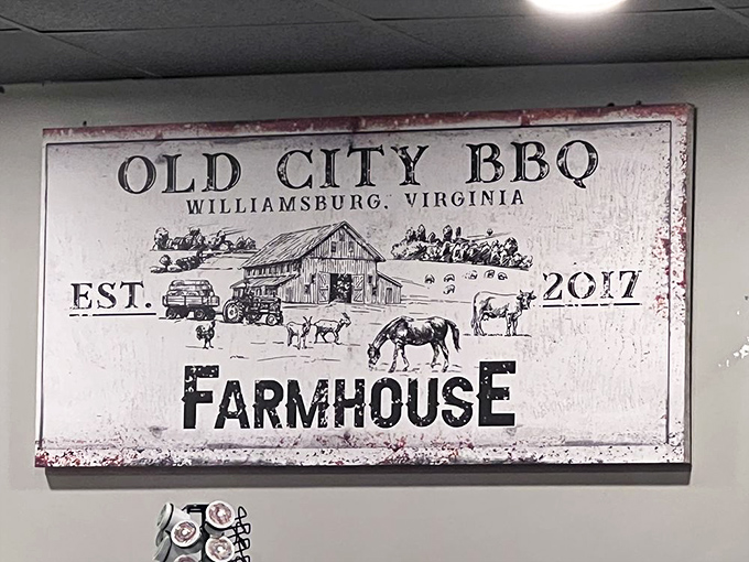 Farmhouse aesthetic meets barbecue reality &ndash; a sign that promises what your nose already told you: serious meat business happens here.