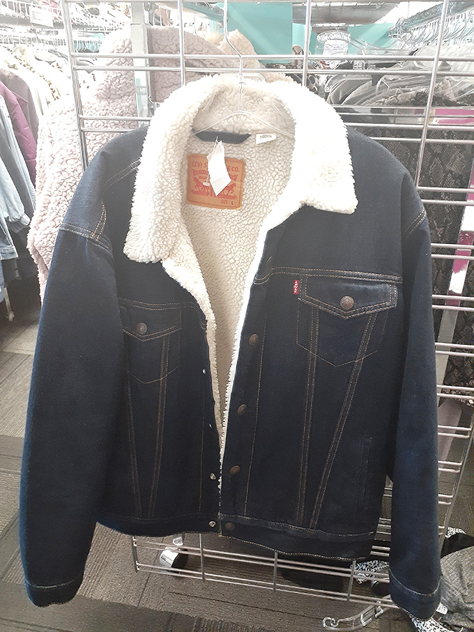 The classic sherpa-lined denim jacket &ndash; proof that some fashion investments never go out of style, especially at thrift store prices.