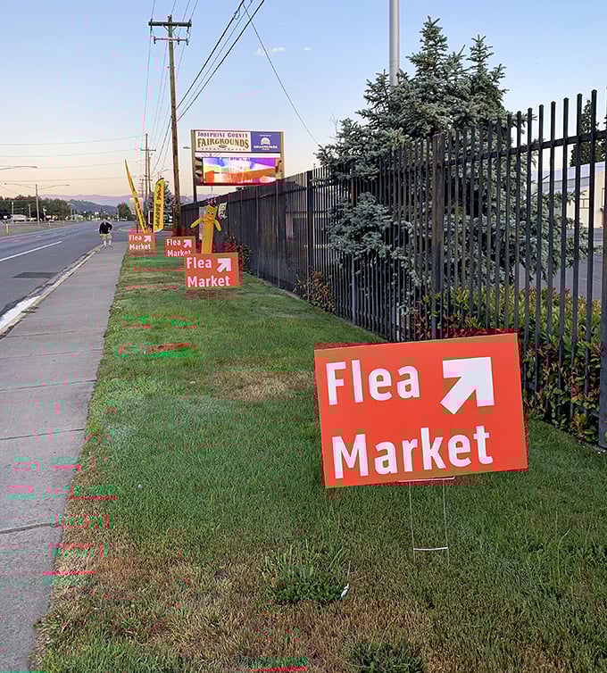 Follow the orange signs to happiness! Like breadcrumbs for bargain hunters, these markers lead straight to treasure hunting paradise. 