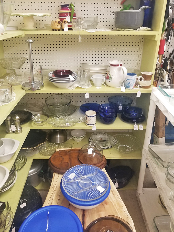 Glassware galore! From Depression glass to mid-century modern serving pieces, these shelves hold the secret ingredients to vintage entertaining.
