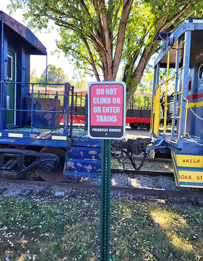 Even in preservation, these iron horses command respect. This sign reminds us that vintage trains aren't just exhibits—they're sleeping giants.