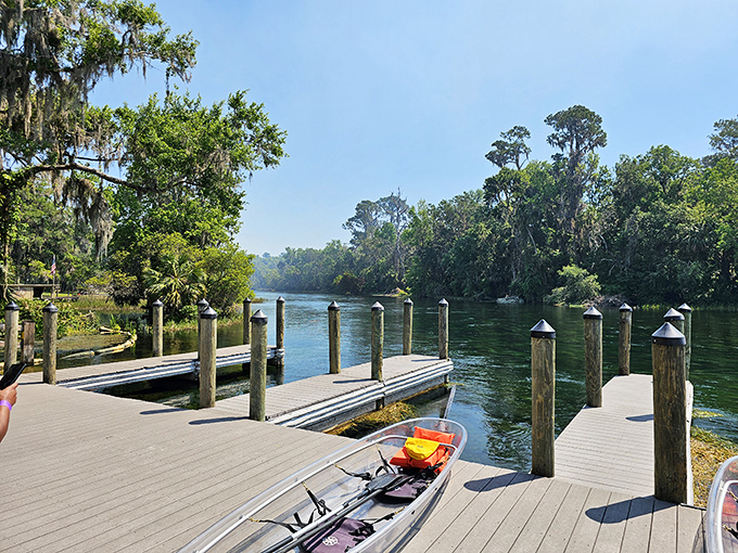 Boat docks waiting patiently for their next adventure, like loyal retrievers ready for a game of fetch on the crystalline river.
