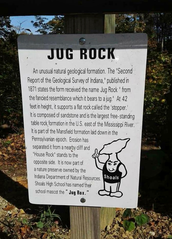 History lesson on a stick! This informative sign reveals Jug Rock's impressive credentials as the largest free-standing table rock east of the Mississippi.