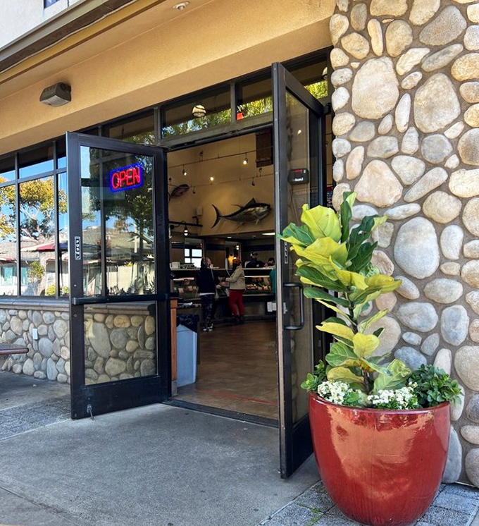 The entrance beckons with promises of oceanic delights within. That red pot of flowers is like nature's version of a "come on in" sign.
