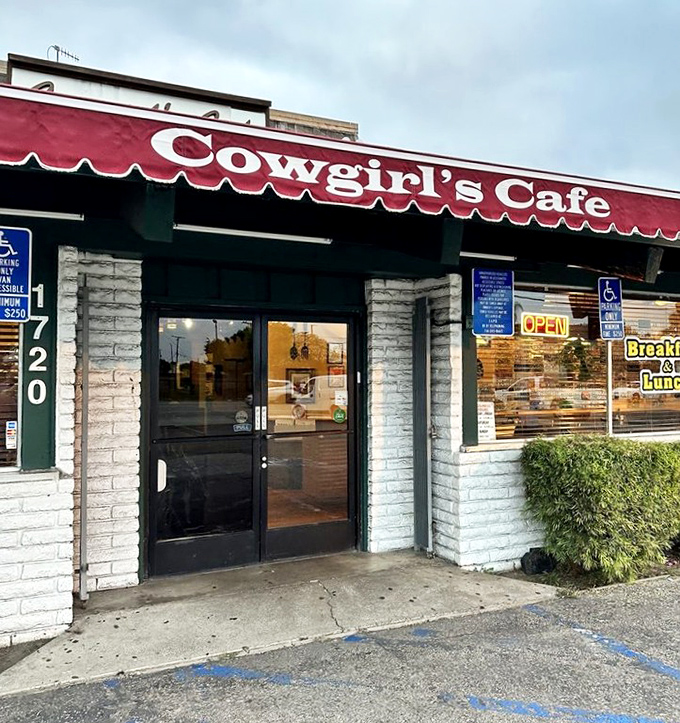 The entrance to breakfast paradise, complete with white brick and a welcoming red awning. Your stomach is already saying "thank you."