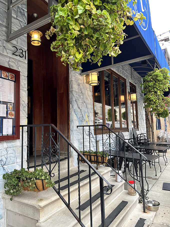 The charming entrance with hanging plants whispers promises of the culinary delights waiting inside.