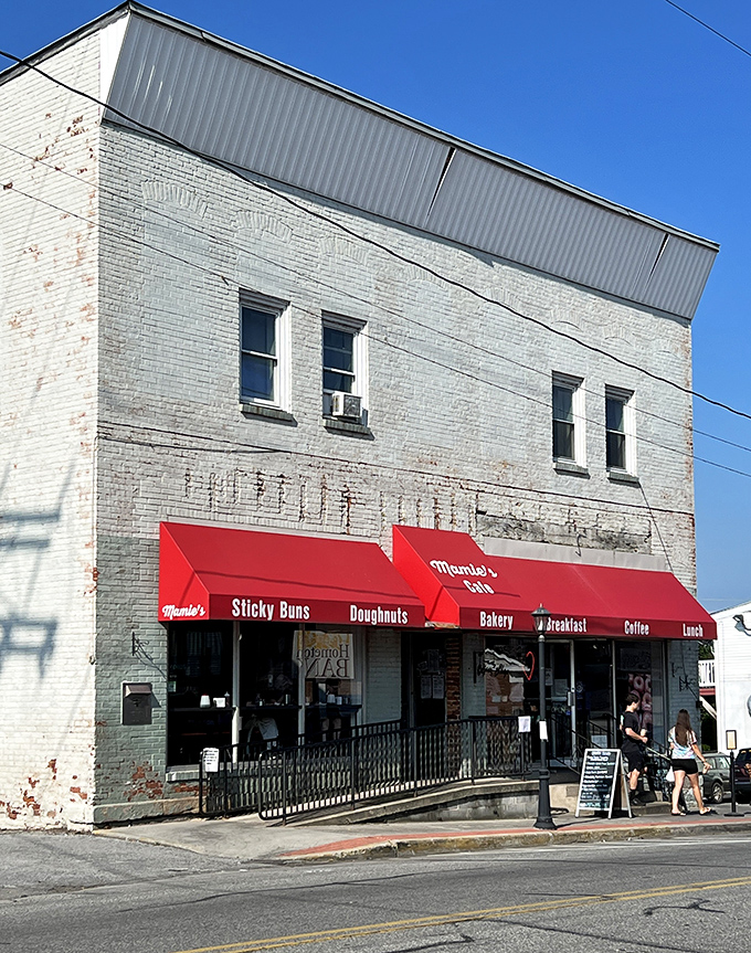 The iconic red awnings of Mamie's announce "Sticky Buns," "Doughnuts," and "Breakfast" like a delicious roadside billboard you can't help but follow.