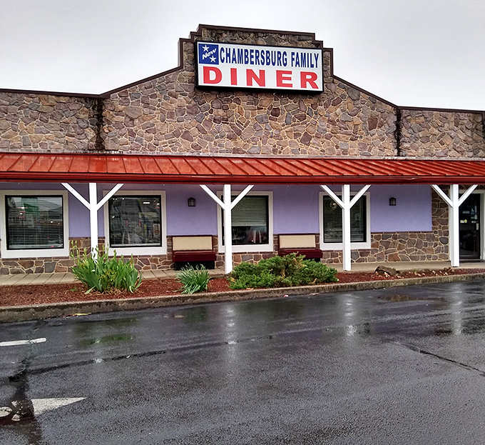 Rain or shine, the stone facade and covered porch of the Chambersburg Family Diner welcomes hungry travelers with open arms.