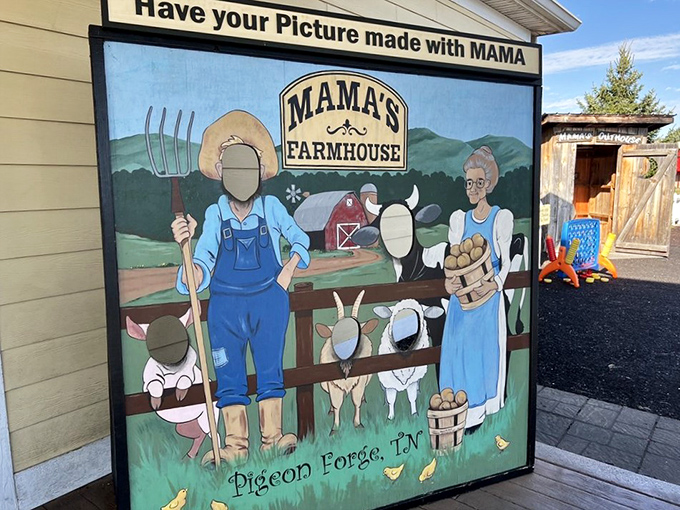 The photo stand-in board where visitors can briefly imagine life as farmers who somehow still have time to cook amazing meals.