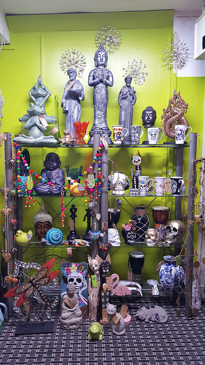 This vibrant display mixes religious iconography with playful skulls and colorful trinkets. Marie Kondo would have a panic attack, but it all sparks joy.