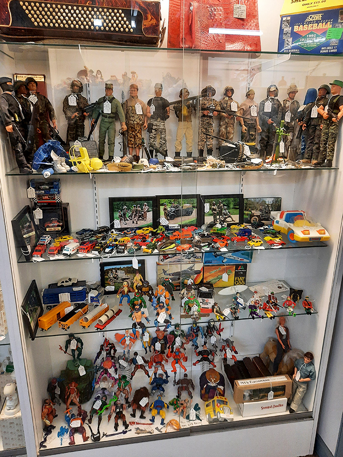 Action figure time capsule! This glass case houses plastic heroes from childhoods past, each tiny warrior carrying decades of play memories.
