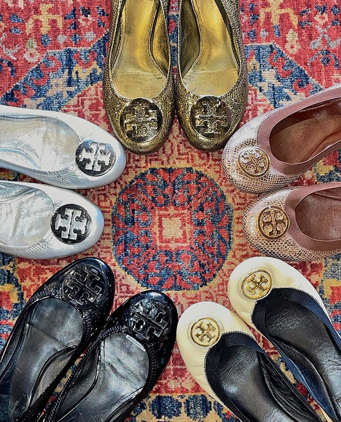 Designer flats arranged in a perfect circle prove luxury can be sustainable when you shop secondhand.