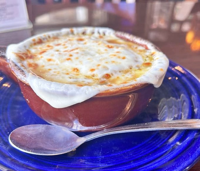 French onion soup with a cheese pull that deserves its own slow-motion sequence in a food documentary.
