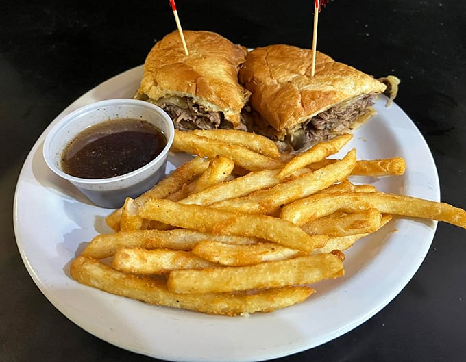 The French dip with au jus isn't just a sandwich&mdash;it's an interactive experience where each dunk brings a new dimension of beefy bliss.