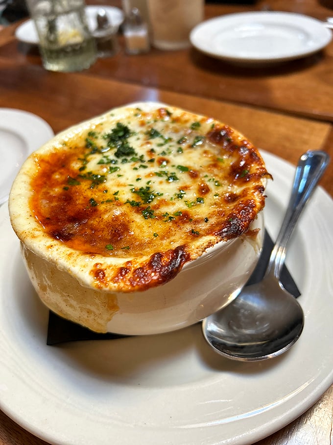French onion soup with a cheese cap so perfectly browned and bubbly, it deserves its own standing ovation.