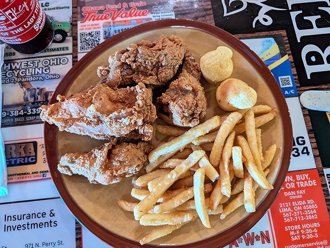Fried chicken that makes a compelling case for moving to Ohio. Golden, crispy, and served with the kind of fries that disappear faster than you planned.