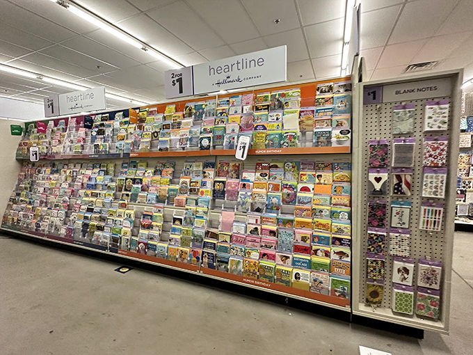 The greeting card wall rivals Hallmark in variety but not in price, proving that heartfelt sentiments shouldn't cost more than the coffee you'll share.