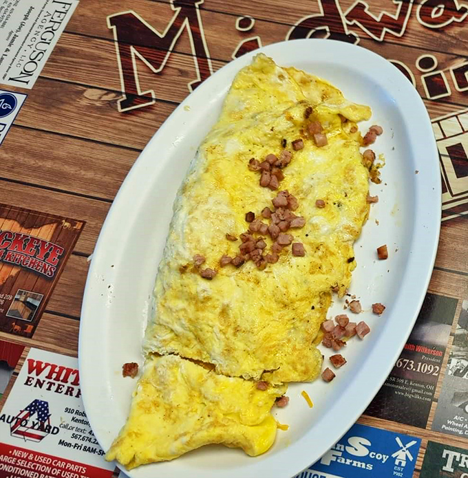 This ham and cheese omelet isn't trying to reinvent breakfast—it's perfecting it one perfectly diced ham cube at a time, with cheese that stretches with each forkful.