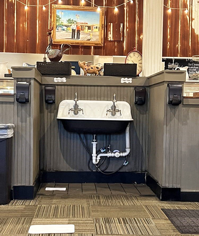 Even the hand-washing station has country charm. At Fred's, cleanliness comes with a side of rustic appeal and vintage farmhouse vibes.