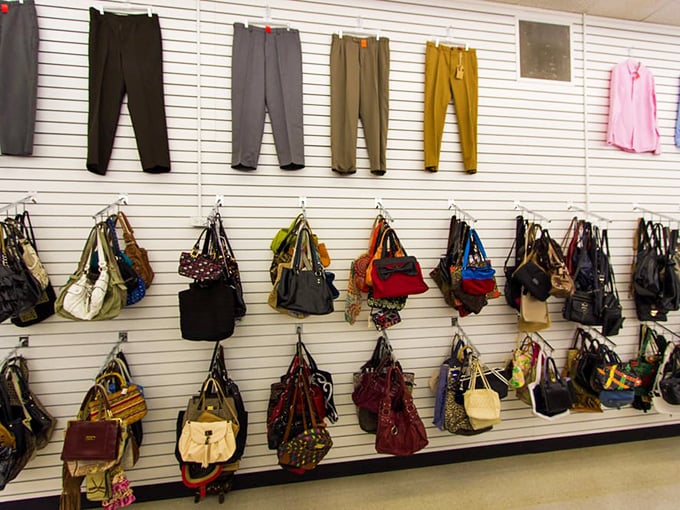 Handbag heaven for the fashion-forward bargain hunter &ndash; designer knockoffs and genuine finds hanging side by side.