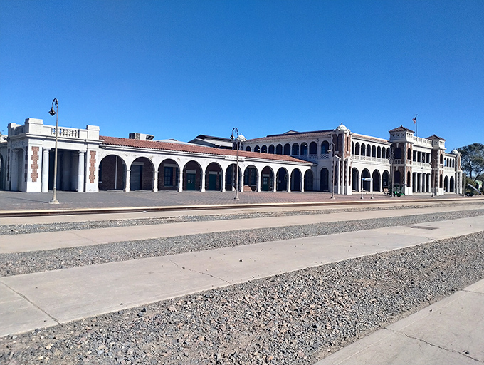 The magnificent Harvey House – once a luxurious railroad restaurant and hotel, now a stunning architectural reminder of Barstow's golden railway era.