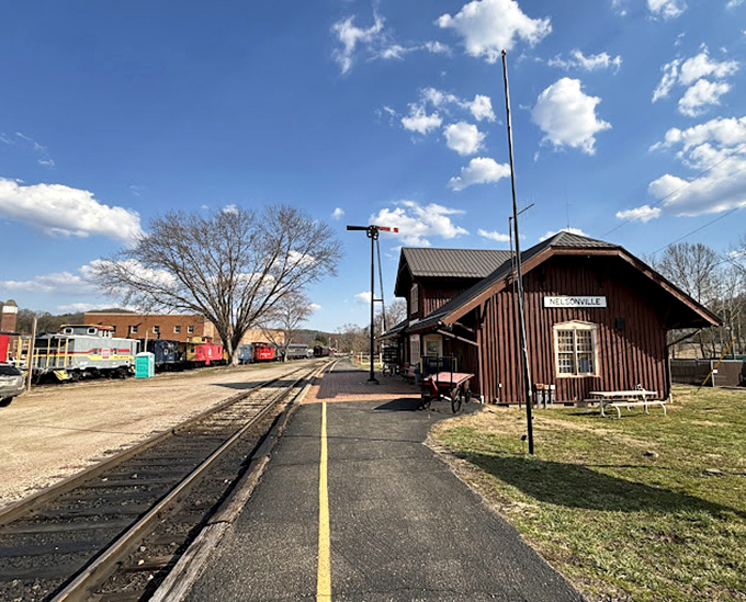 The Hocking Valley Scenic Railway station stands ready for its next departure, a portal to slower times when travel was as much about the journey as the destination.