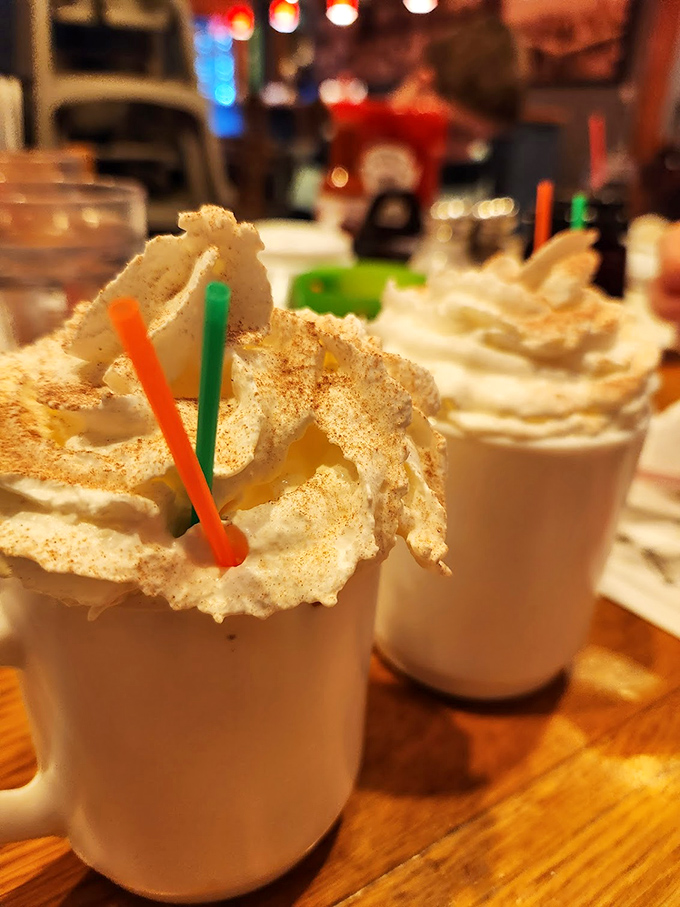 Hot chocolate topped with whipped cream mountains dusted with cinnamon. Winter comfort in a mug, regardless of the actual season outside.