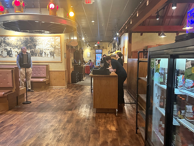 Wood, warmth, and wonderful aromas converge in this inviting space. The booths practically whisper, "Stay awhile, order dessert."