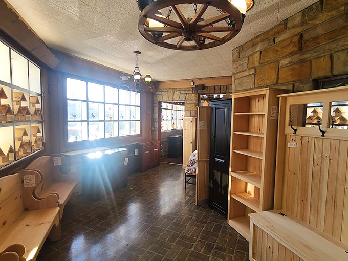 Sunlight streams through windows illuminating rustic wooden shelves. The perfect backdrop for discovering handcrafted treasures you never knew you needed.