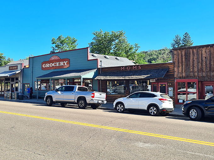 Mom's Pie House and Jack's Grocery—where essential provisions (pie being the most essential) await hungry mountain explorers.