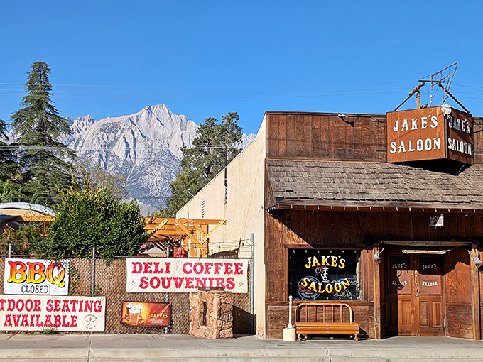 Jake's Saloon offers liquid courage before your mountain adventures. That peak in the background? It's not getting any smaller.