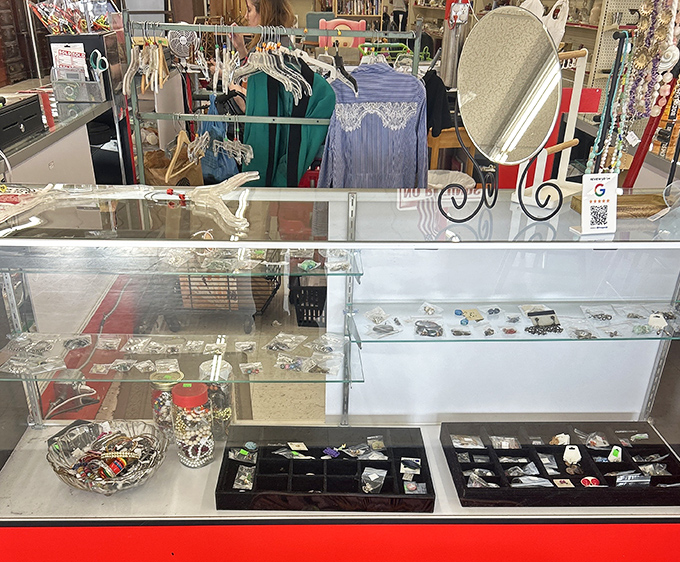 The jewelry counter gleams with possibility&mdash;where someone's discarded accessories become another's perfect finishing touch.