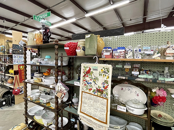 Kitchen corner crossroads where vintage Pyrex meets forgotten serving dishes. That 1988 calendar tea towel is practically considered "recent" in antique years.
