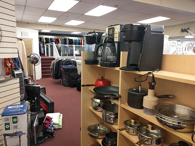 Kitchen essentials line the shelves like soldiers ready for deployment, from coffee makers to pressure cookers, all priced to make home chefs do a double-take.