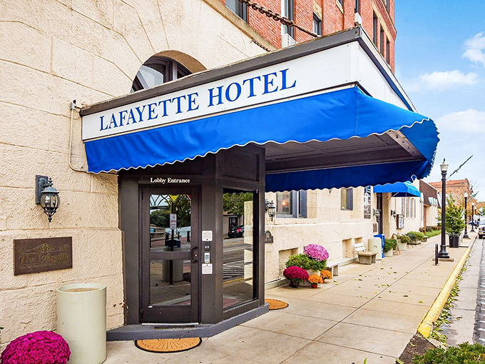 Lafayette Hotel's classic entrance welcomes travelers with the kind of hospitality that chain hotels study but rarely master.