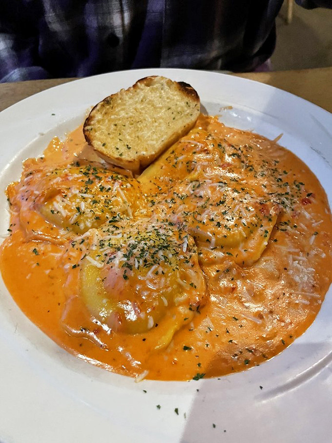 Ravioli swimming in a creamy tomato sauce – proof that Harbor Hut knows its way around pasta as well as seafood.