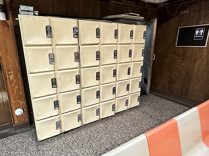 These vintage lockers have safeguarded bowlers' belongings since the days when people dressed up to go bowling. Some probably still contain hairspray from 1975.