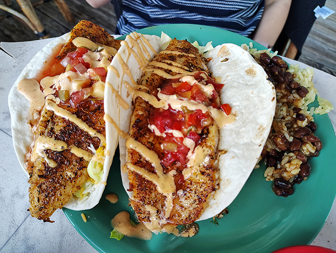 Blackened mahi tacos topped with fresh salsa and drizzled with sauce. Proof that sometimes the best seafood comes wrapped in a tortilla.