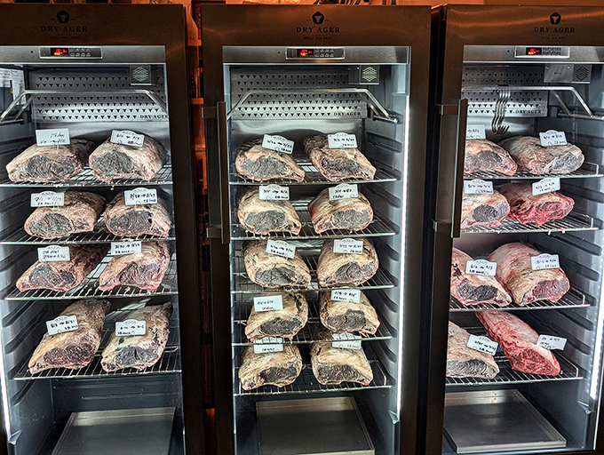 Meat aging isn't just science, it's art. These carefully labeled cuts in temperature-controlled cases are tomorrow's memorable meals in waiting.