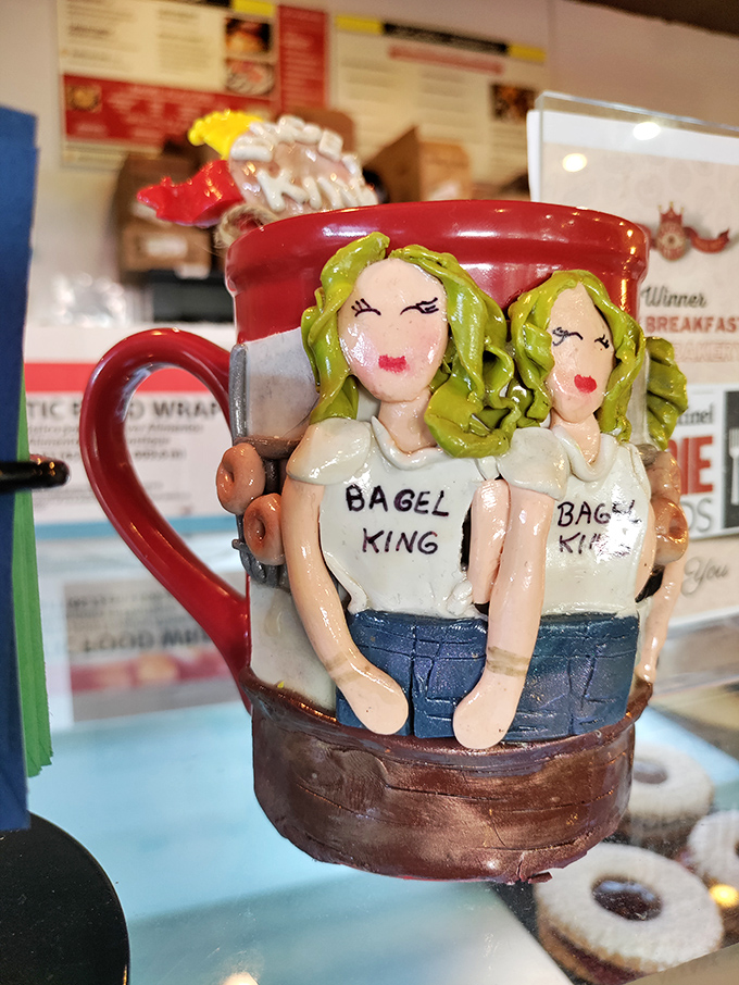 Even the merchandise has personality here&mdash;a mug that tells the story of Bagel King with more character than most restaurant chains combined.