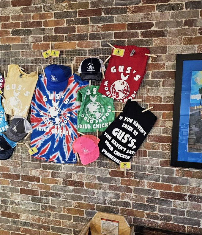 Merchandise that lets you proudly declare your chicken allegiance to the world. The t-shirt speaks truth: if you haven't eaten at Gus's, you're missing out.