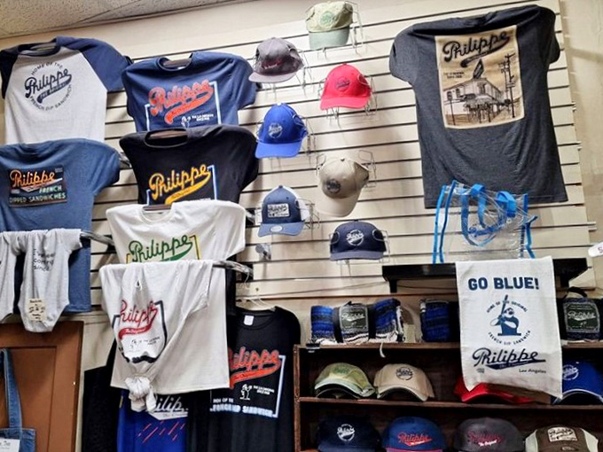 Philippe's merch wall &ndash; because nothing says "I love LA" like a t-shirt from a sandwich shop.