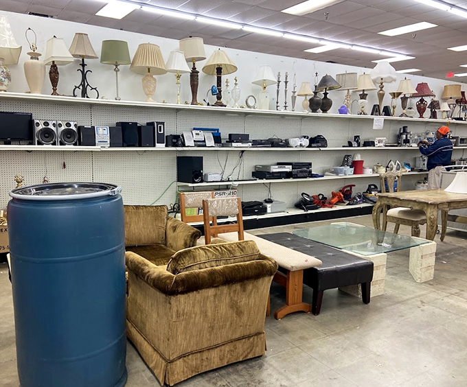 Living room possibilities on display. That mustard armchair has stories to tell, and for the right price, those stories could continue in your home.