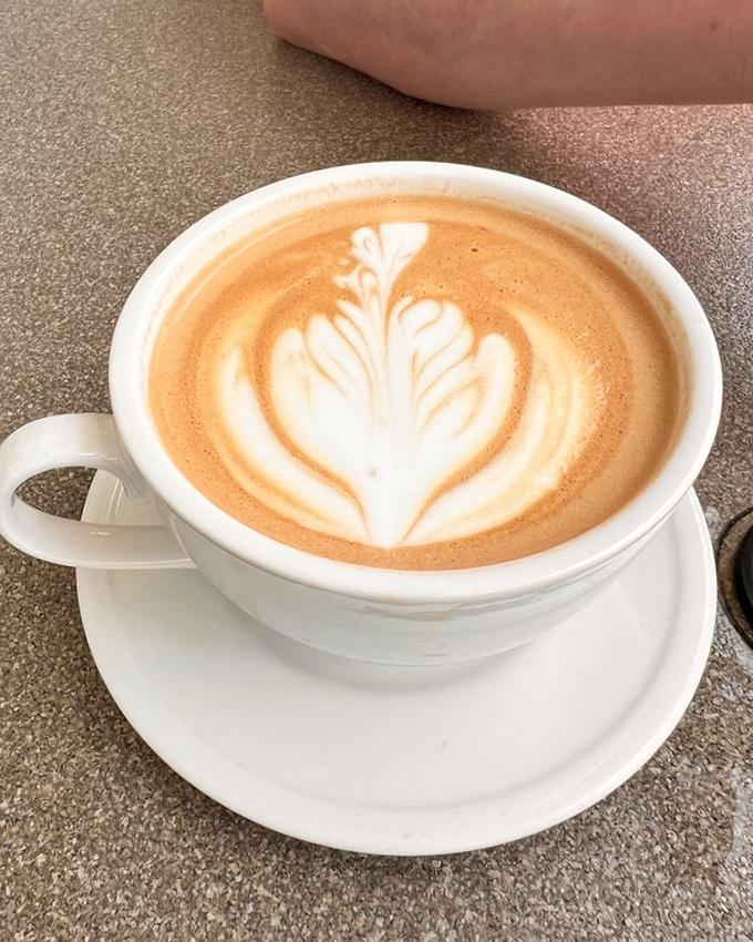 Coffee art so pretty you almost don't want to drink it. Almost. This leaf pattern deserves its own gallery showing.