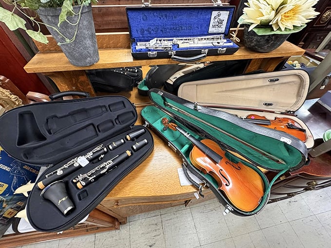 Musical instruments waiting for their encore performance. That violin has probably played more wedding marches than most of us have attended.