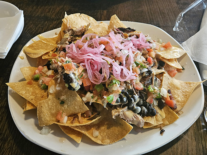 Barbecue nachos that redefine the concept of "loaded." Those pickled red onions cut through the richness like a well-timed punchline.