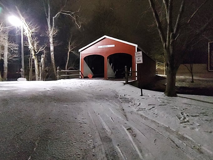After dark, the illuminated bridge takes on a magical quality, like something from a winter fairy tale or holiday movie set.