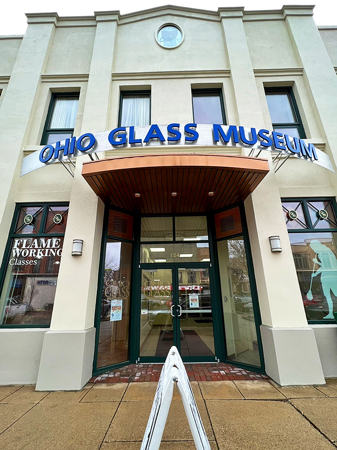 The Ohio Glass Museum entrance promises transparency in the best possible way. Inside awaits the fascinating story of how sand transforms into functional art.